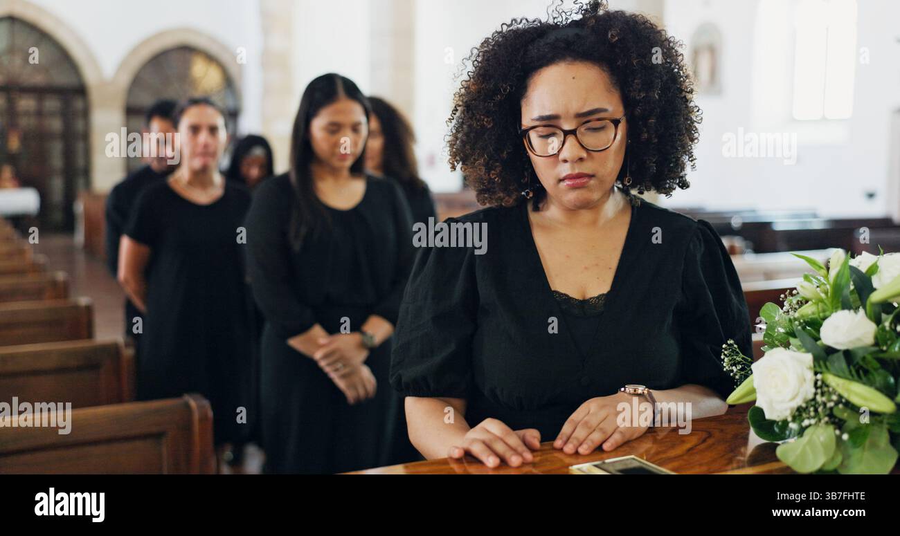 Grief, woman and funeral for farewell service, mourning death and ...