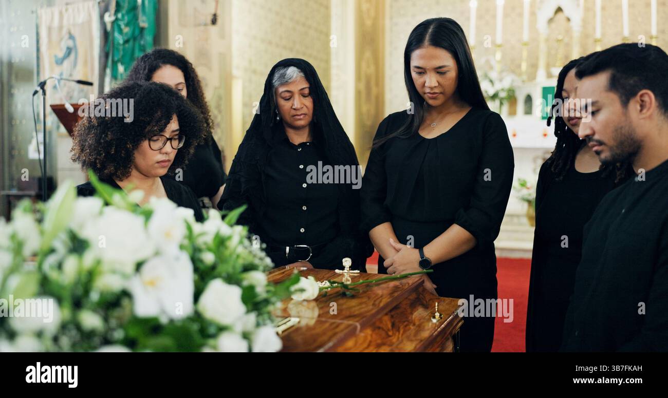 Respect, people and family with coffin in funeral for farewell service ...