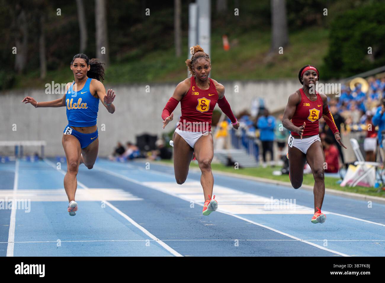 Samirah Moody of the USC Trojans wins the 100 meters during a NCAA track & field meet against ...