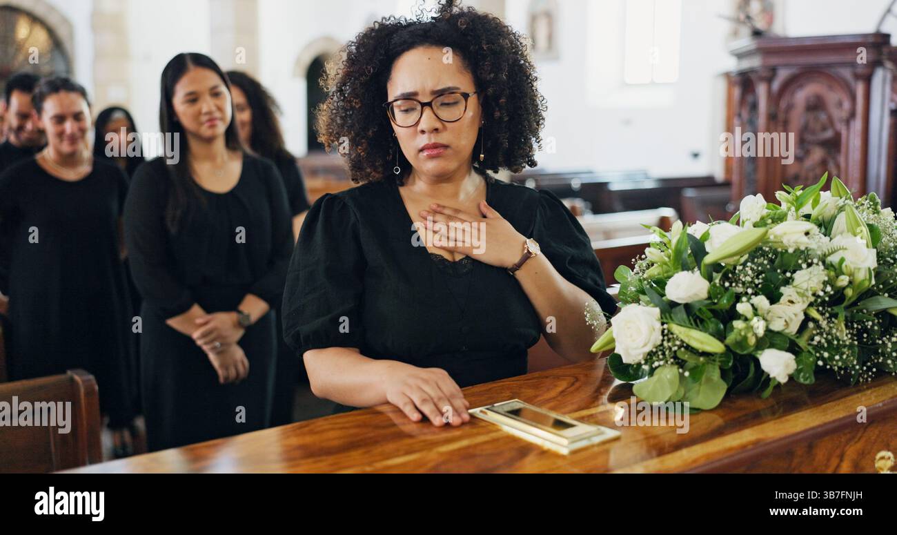 Grief, woman and coffin at funeral for farewell service, mourning death ...