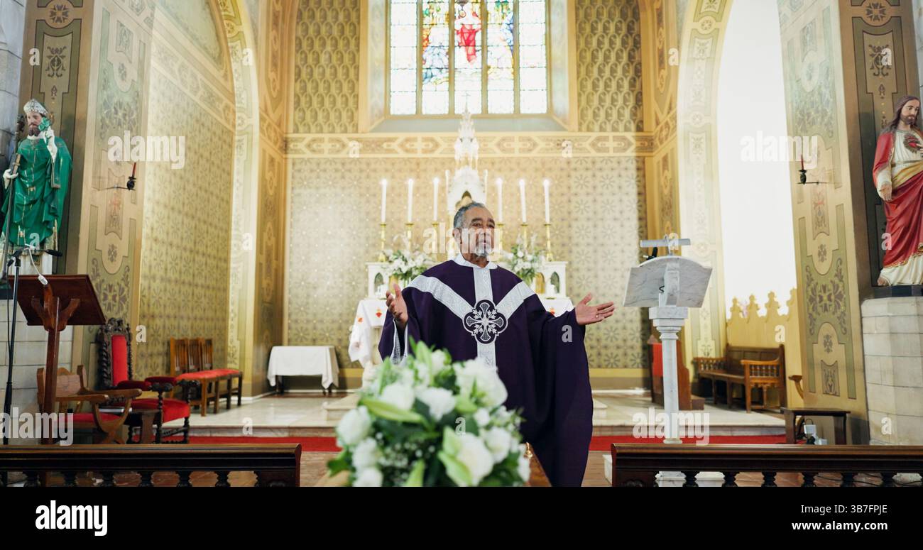 Christian, preacher and man at church in funeral for farewell service ...