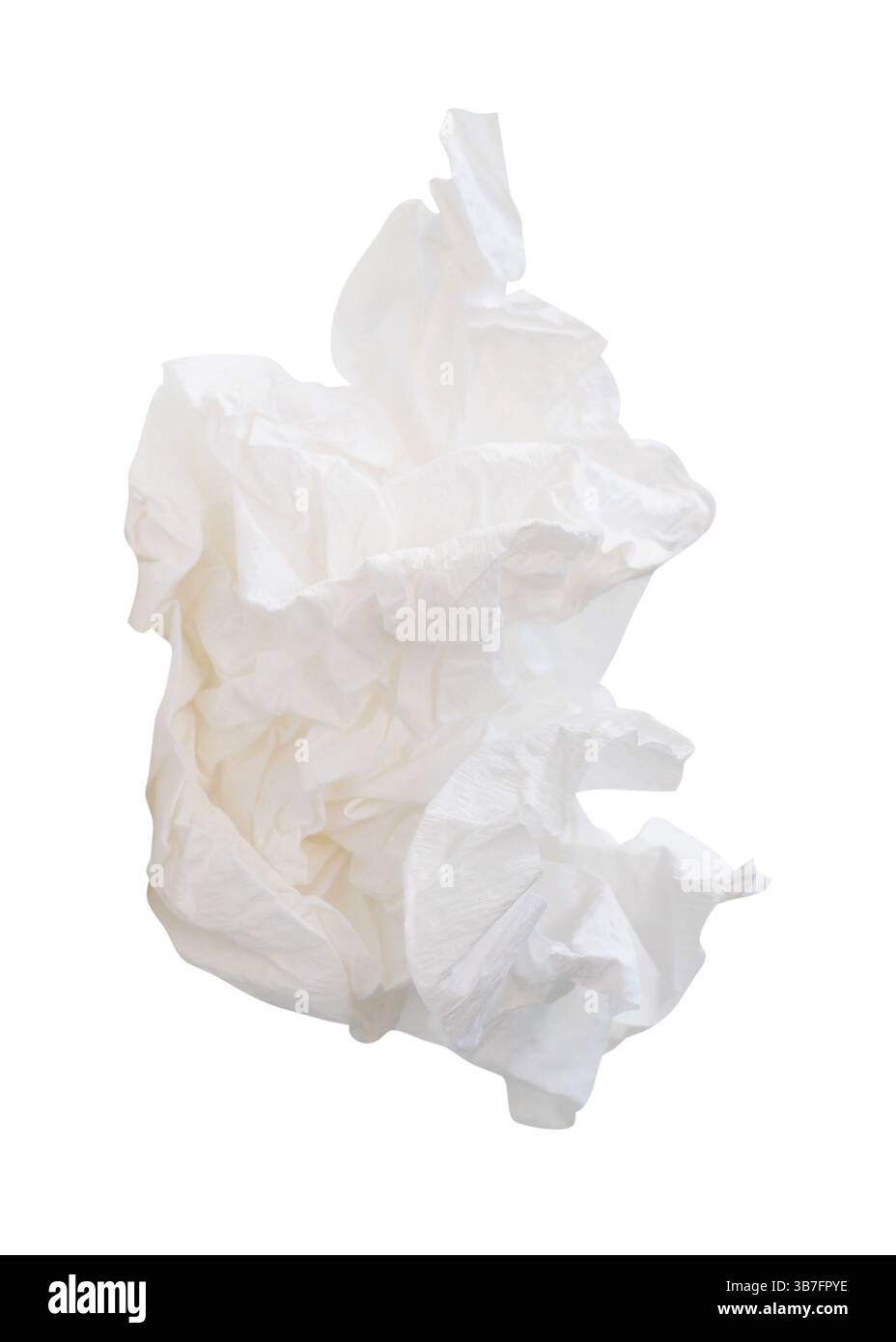 Side view of white crumpled tissue paper ball after use is isolated on ...