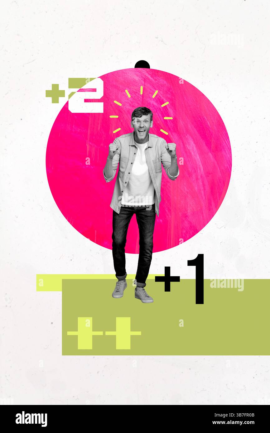 Trend artwork creative sketch photo collage of young man excited stand ...