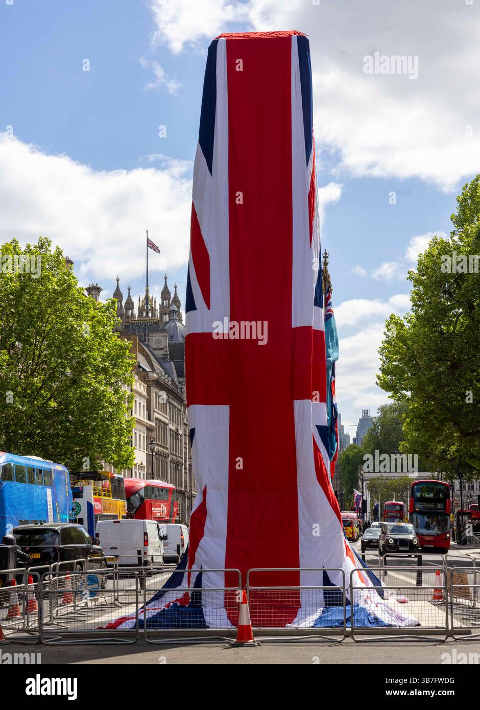 London, UK. 6th May, 2025. The Cenotaph in Whitehall is draped in Union ...