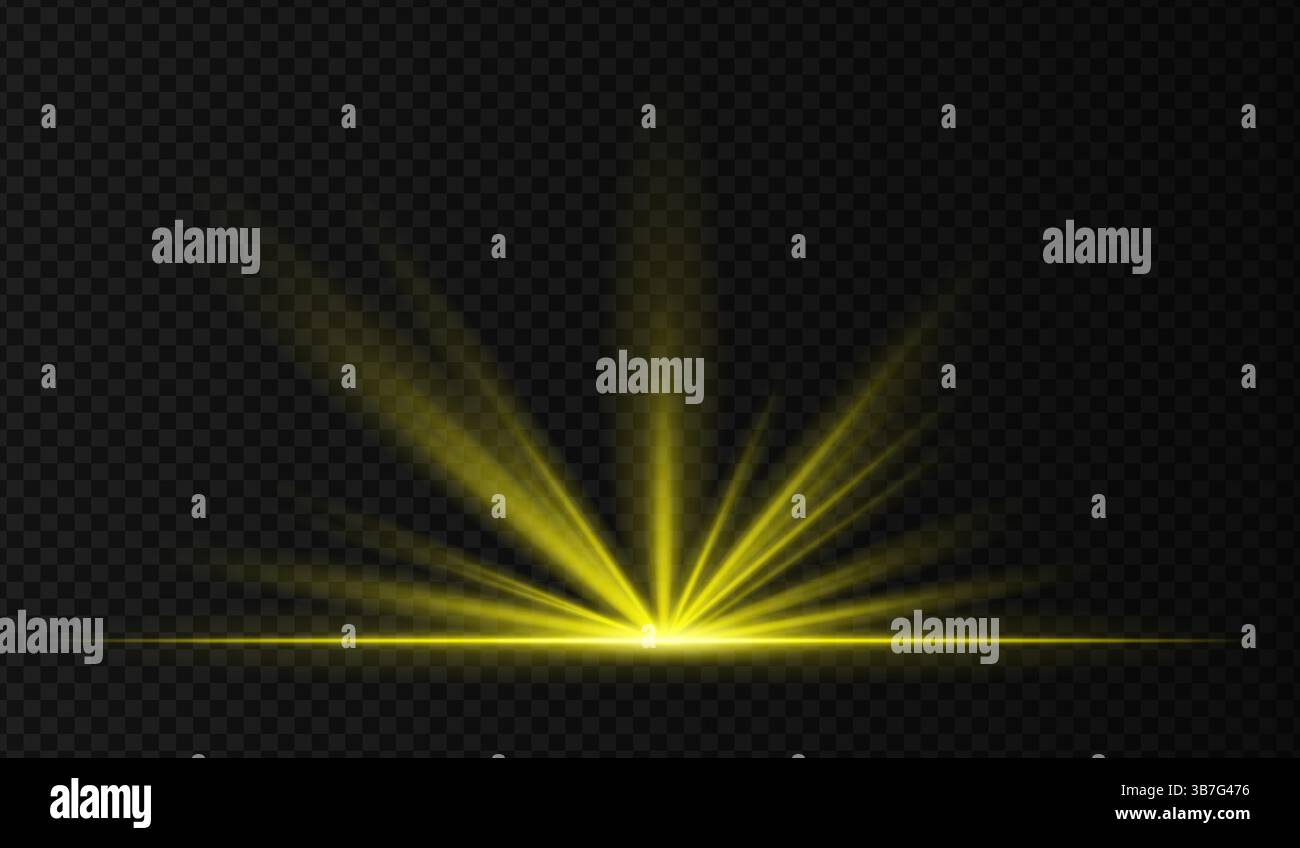 Yellow spotlight burst with radiant beams and ground reflection ...