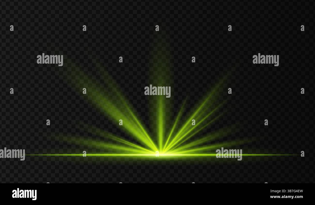 Green spotlight burst with radiant beams and ground reflection ...