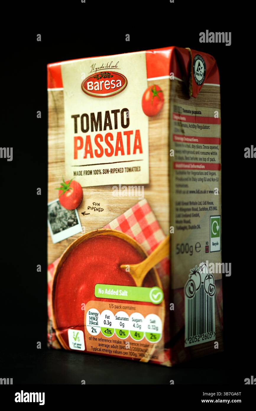 London UK, May 06 2025, Packet or Carton Of Lidl Italian Style Tomato ...