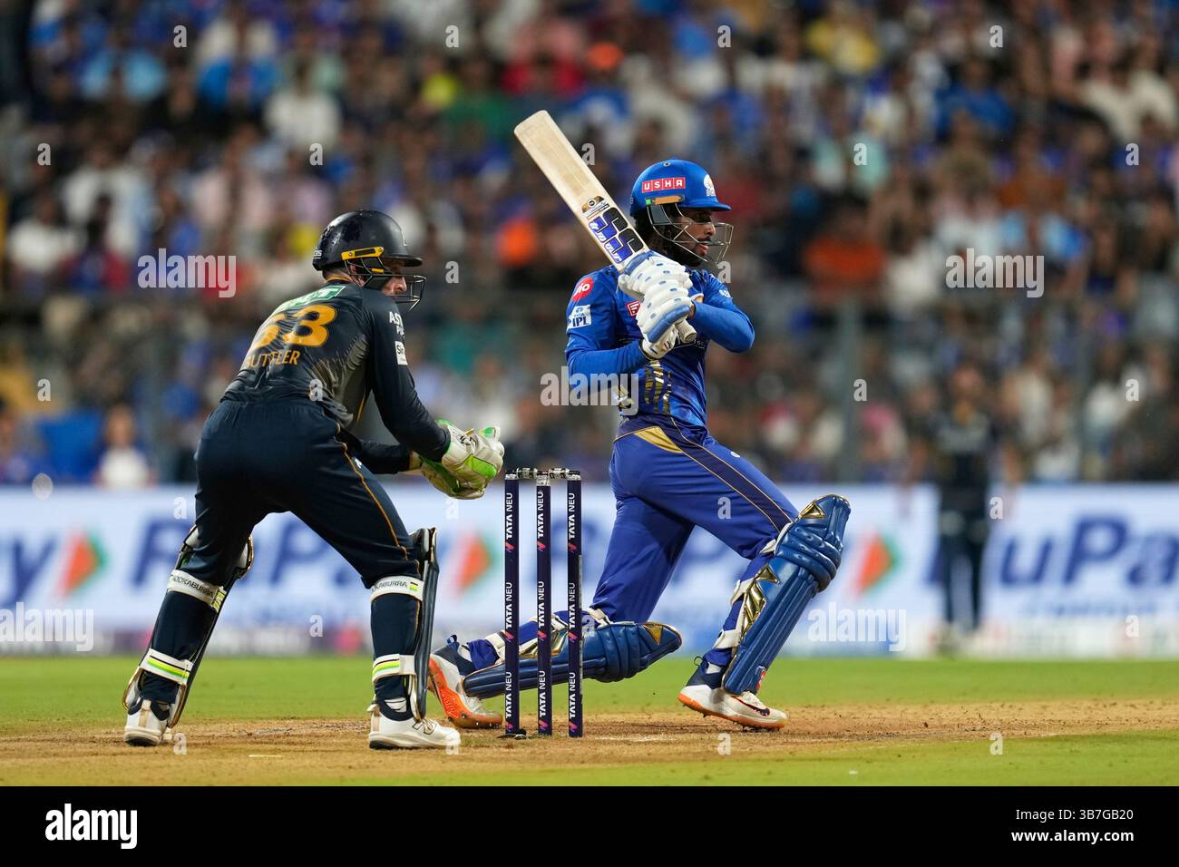 Mumbai Indians' Tilak Verma plays a shot during the Indian Premier League cricket match between ...