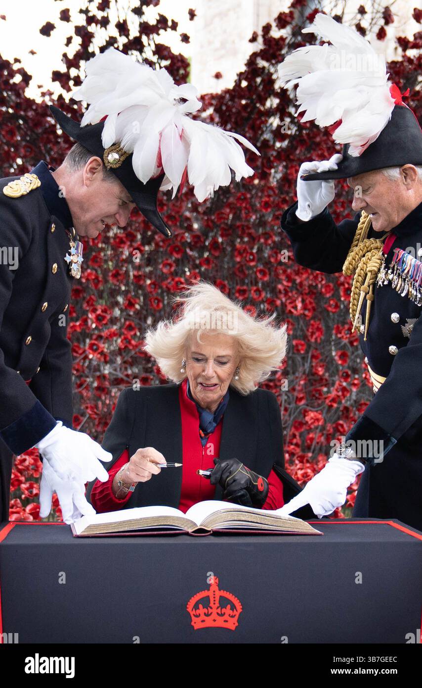 Queen Camilla views the display of ceramic poppies for the 80th ...