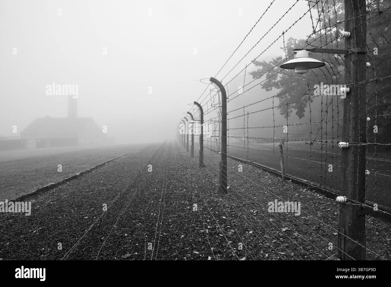 Reconstructed camp fence with crematorium in the fog at beech forest ...
