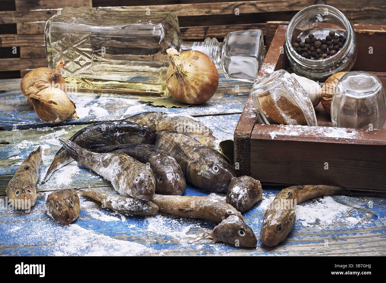 Raw fish breed perciformes called bull on background attributes kitchen ...