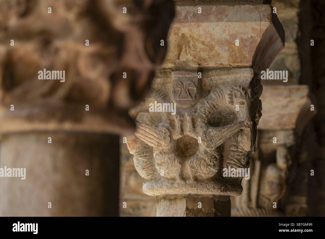 Cloister capitals, rampant winged rams with shields, abbey of San ...