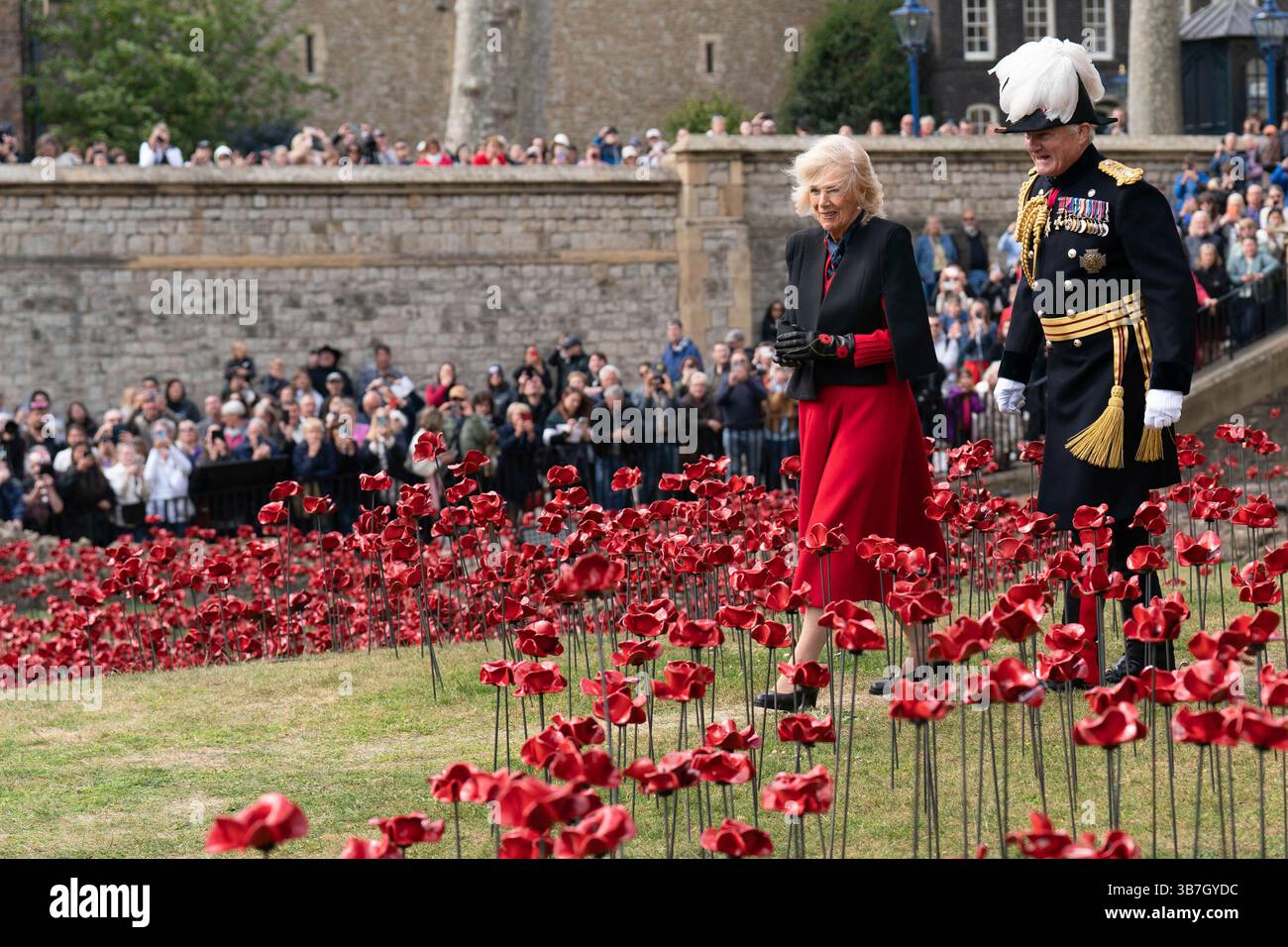 Britain's Queen Camilla views the display of ceramic poppies for the ...