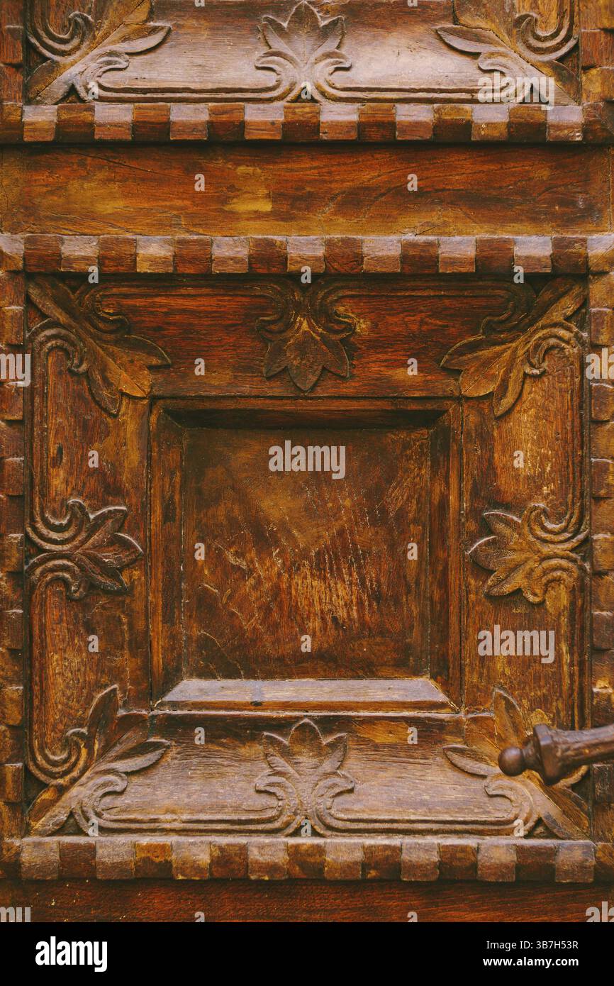 Close-up texture of brown wooden doors with raised carvings and square ...