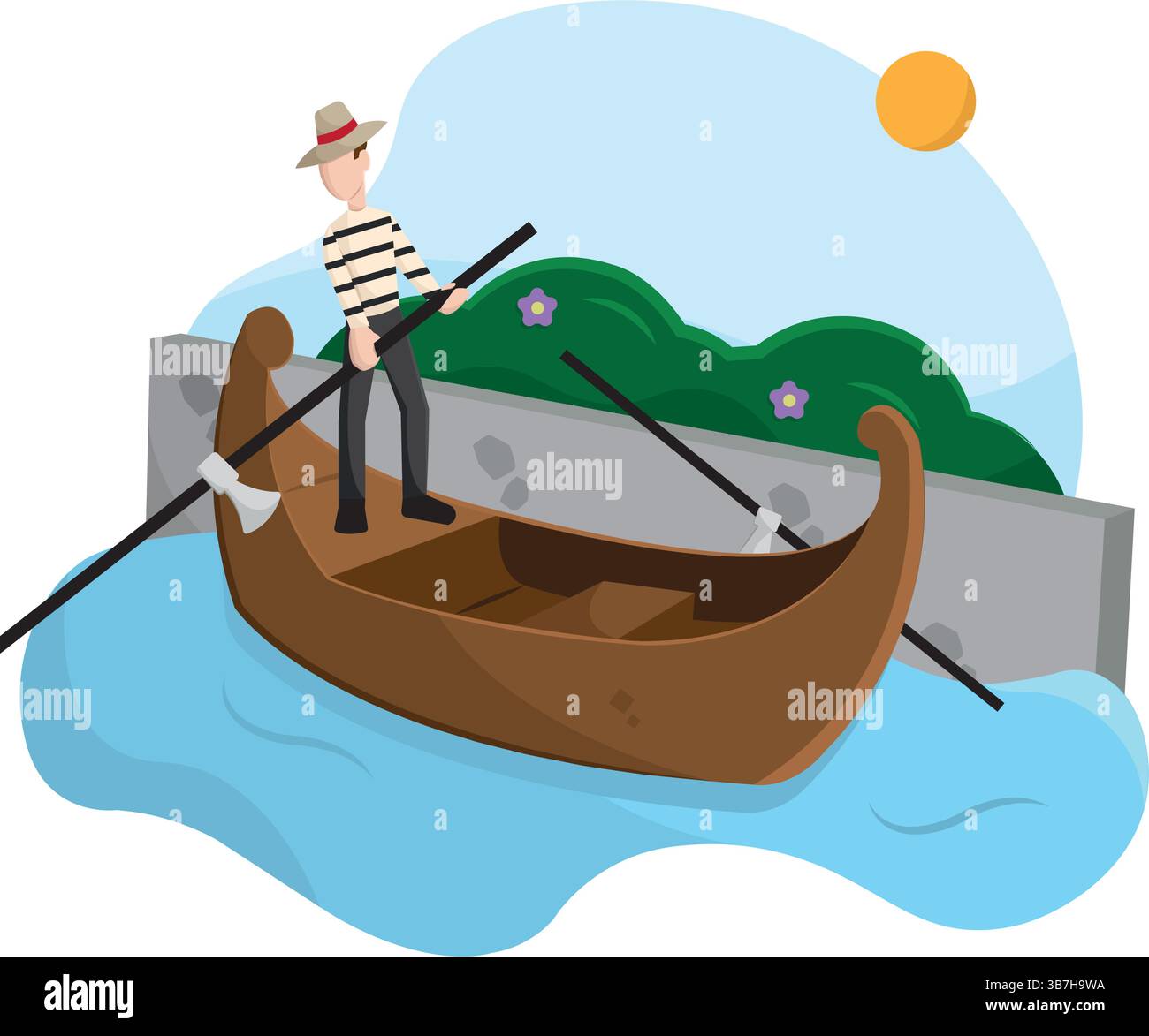 Gondolier rowing traditional boat. Vector illustration Stock Vector ...