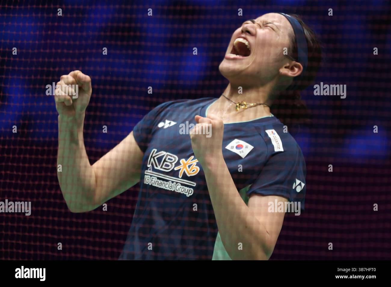 Korea's An Se-young reacts after beating China's Wang Zhi Yi in the women's singles badminton ...