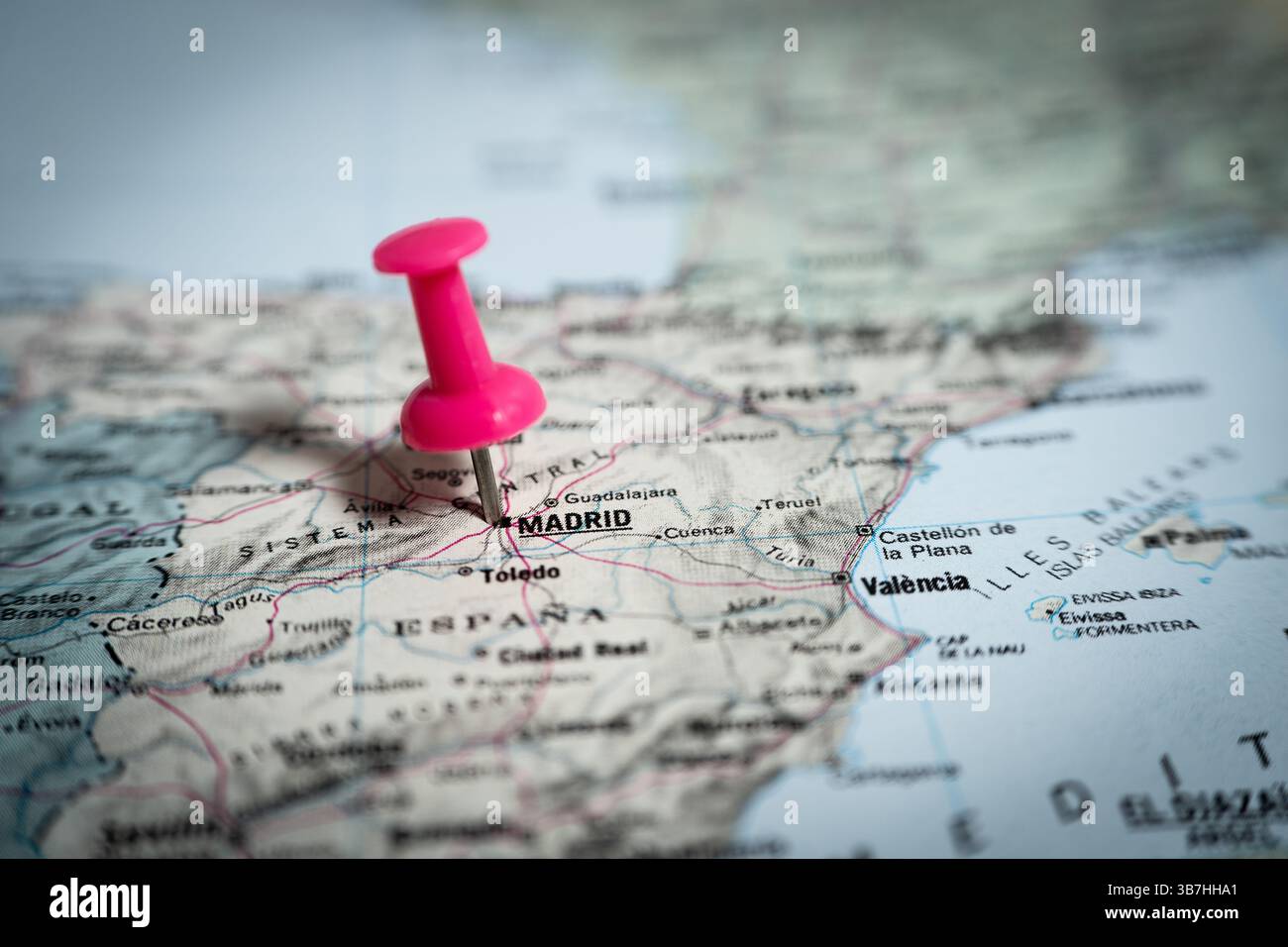 Pink push pin pointing madrid on map of spain, travel destination Stock ...
