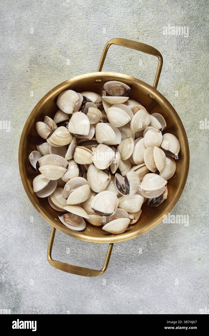 Freshly frozen vongole clams, in a frying pan, top view, no people ...