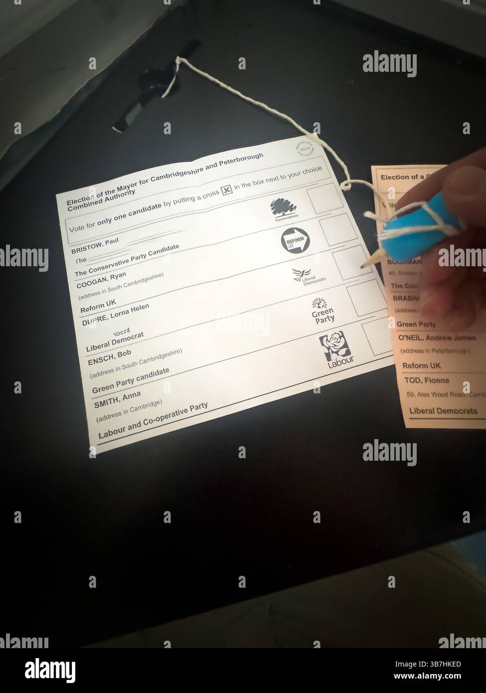 01 MAY 2025 Cambridge, UK - Voting ballot slips in a ballot box in the ...