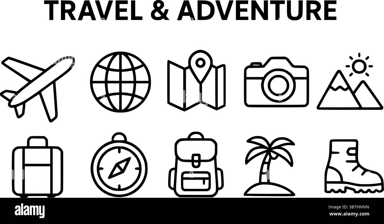 Travel and Adventure Icons Set Vector — Airplane, Map, Camera, Backpack ...
