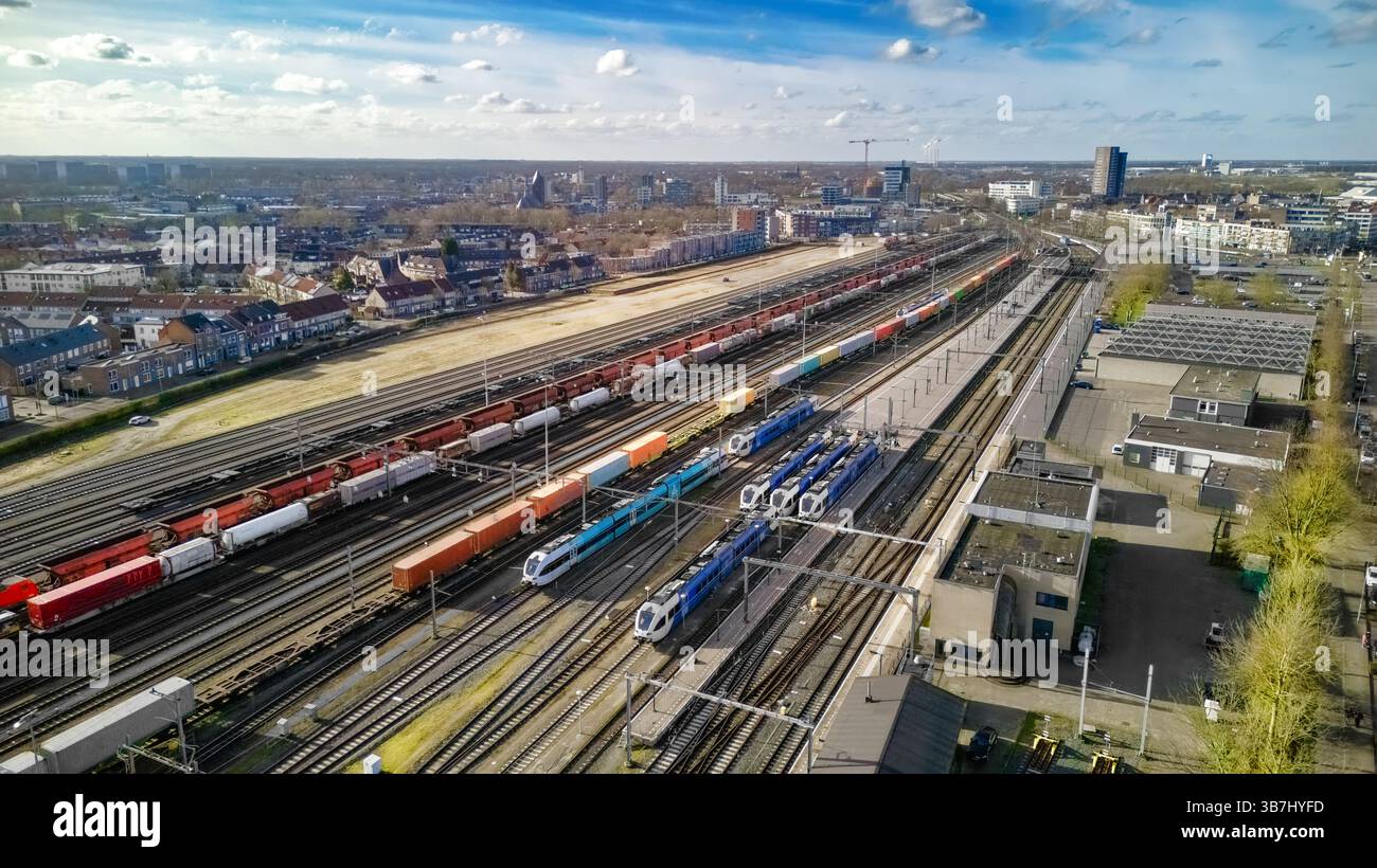 Railroad, train tracks and trains aerial drone view from above, railway ...