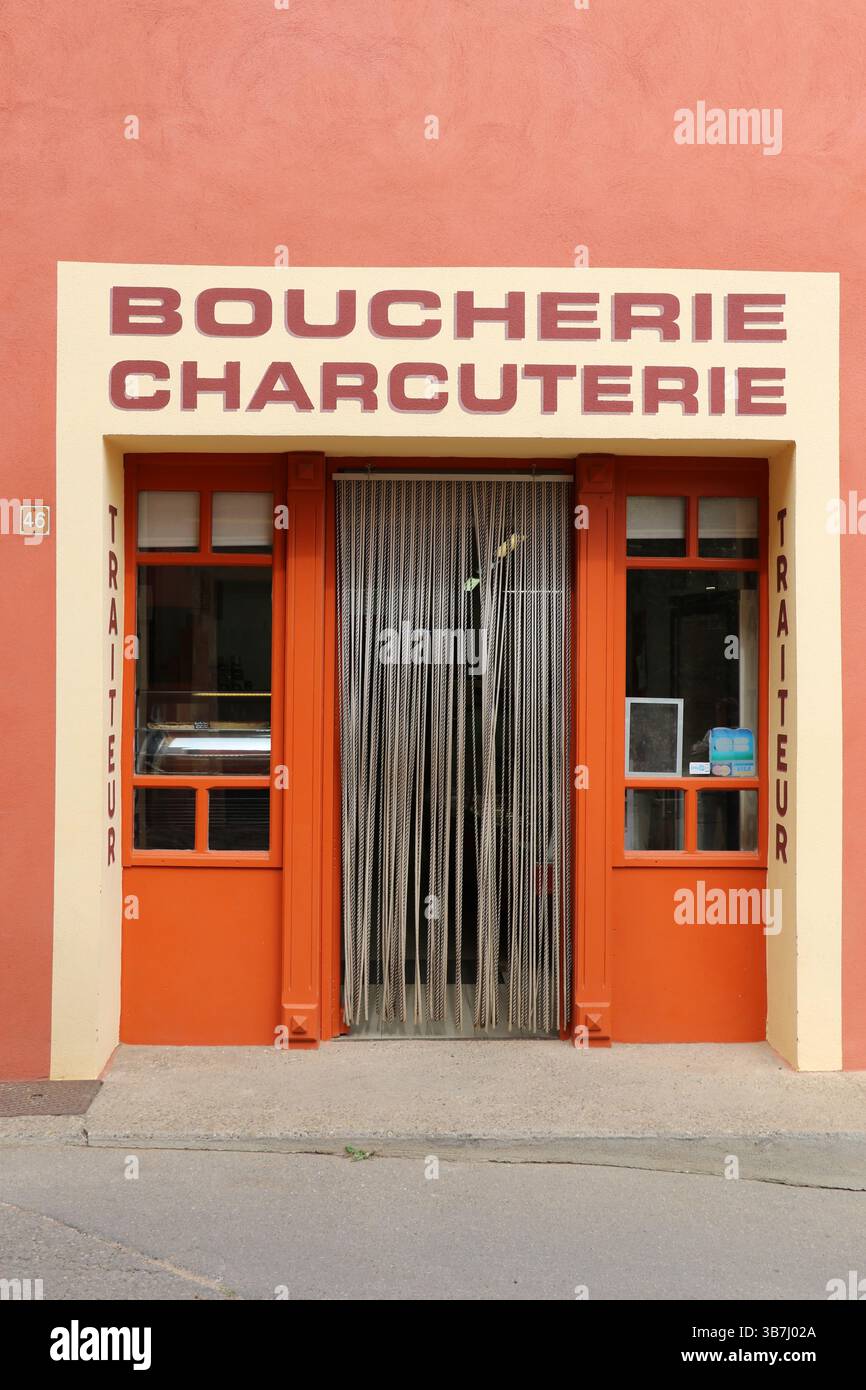 Front of an artisan butcher's shop in the village of Roussillon, France ...