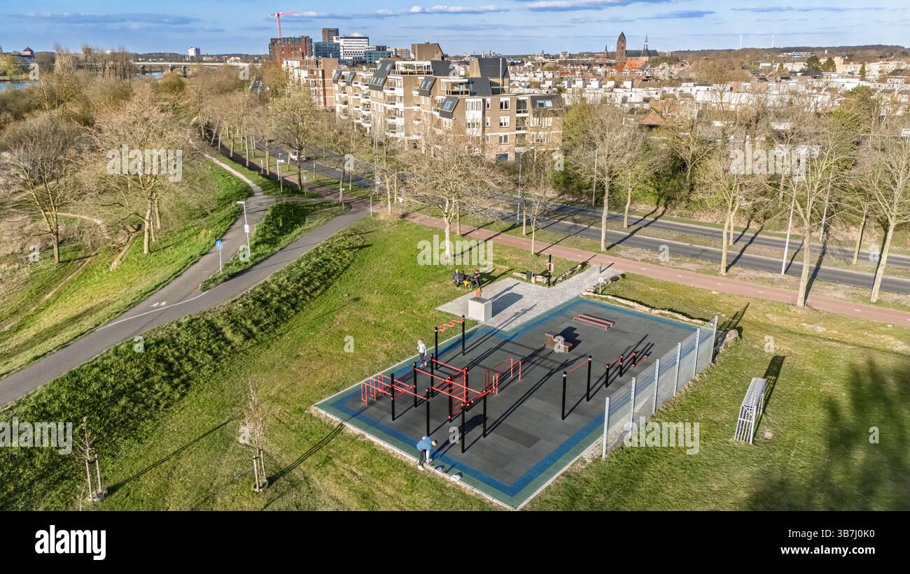 Outdoor gym for street workout aerial drone view, modern sports ground ...
