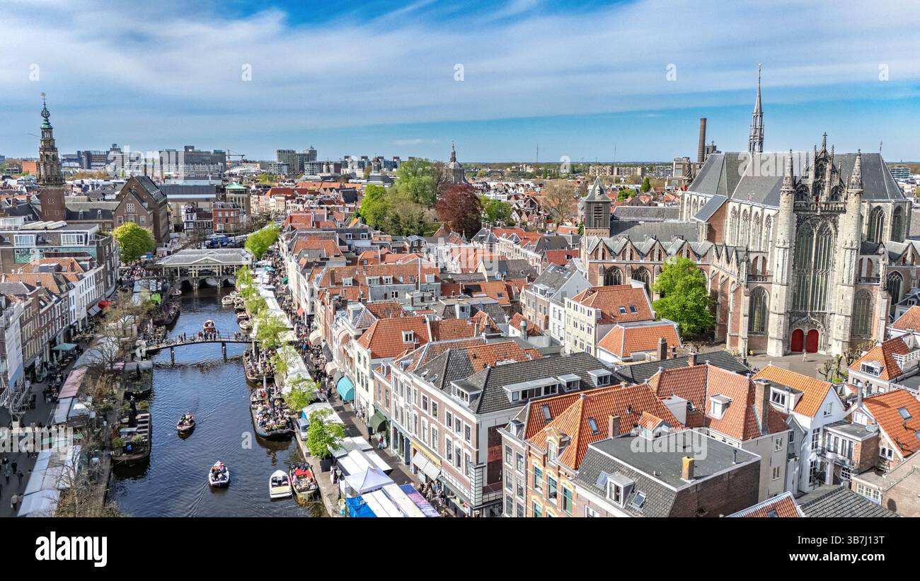 Leiden town aerial drone view from above, typical Dutch city skyline ...