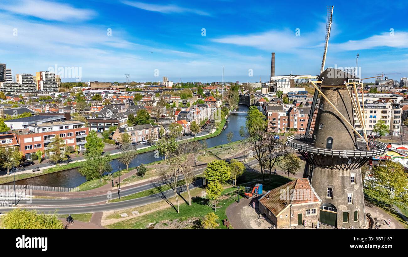 Leiden town aerial drone view from above, typical Dutch city skyline ...