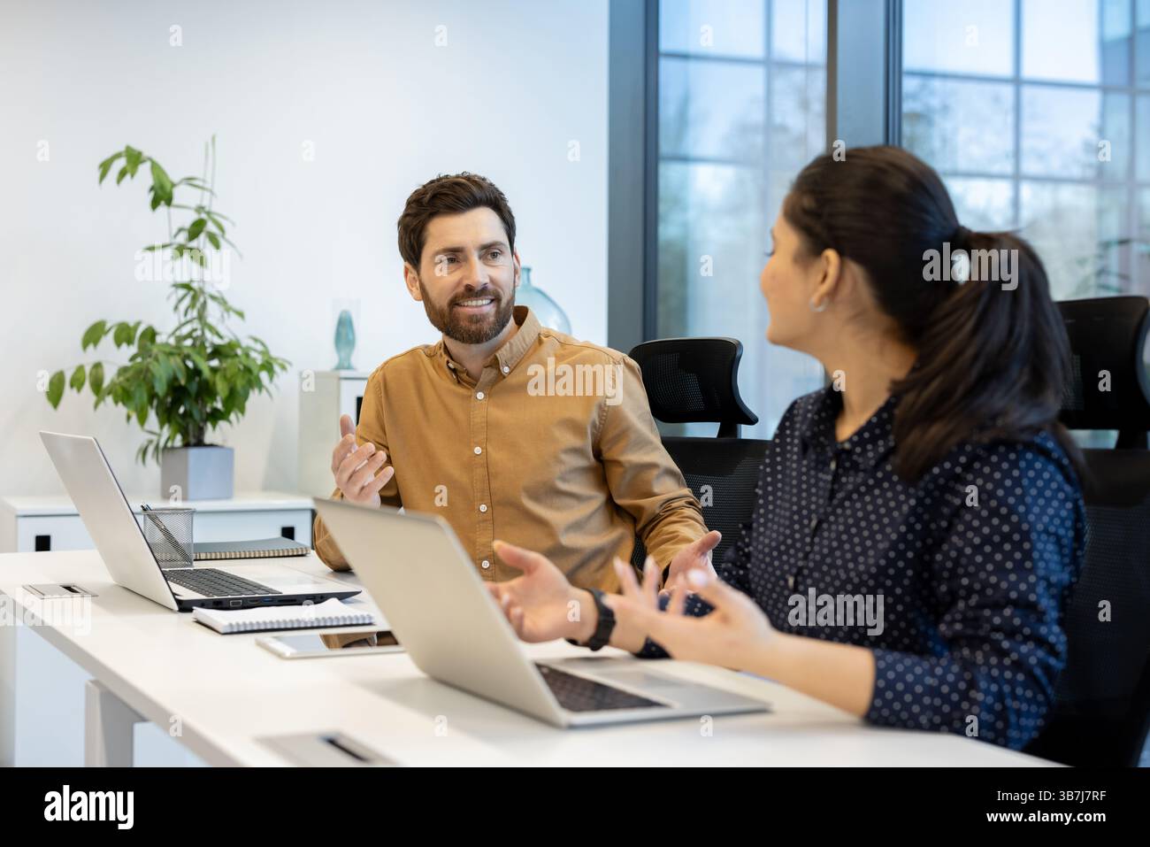 A candid moment captured as two colleagues engage in a lively ...
