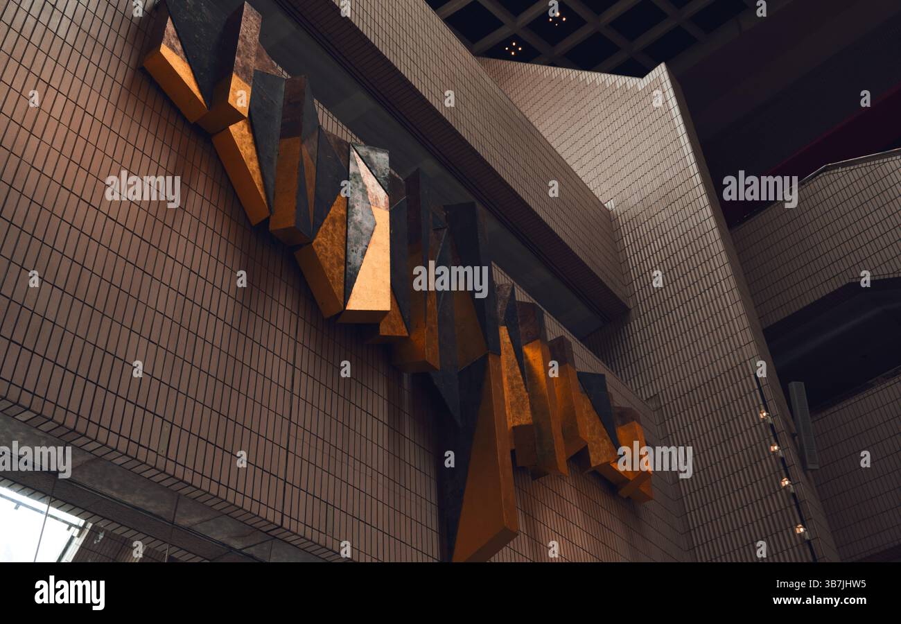 Abstract installation juts out dramatically from the tiled wall of the ...