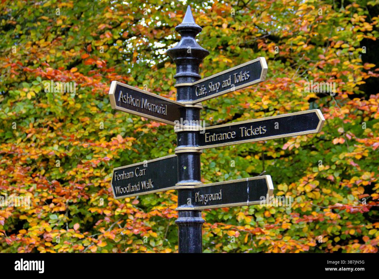 Black vintage-style signpost in Williamson Park with directions to ...