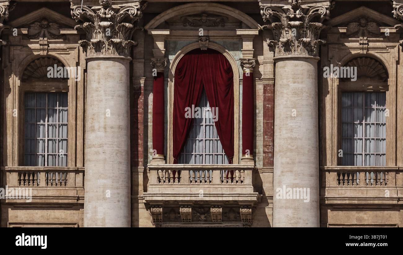 May 6, 2025 - Vatican City: Red drapes are wrapped around columns of ...