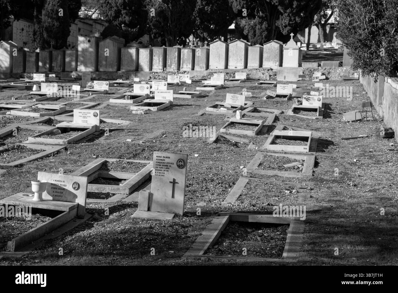 Ancient stone crypt with faded tombstones in a quiet historic cemetery ...