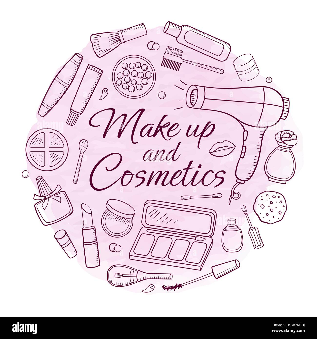 Hand drawn make up and cosmetics doodle round banner. Cosmetics on a ...