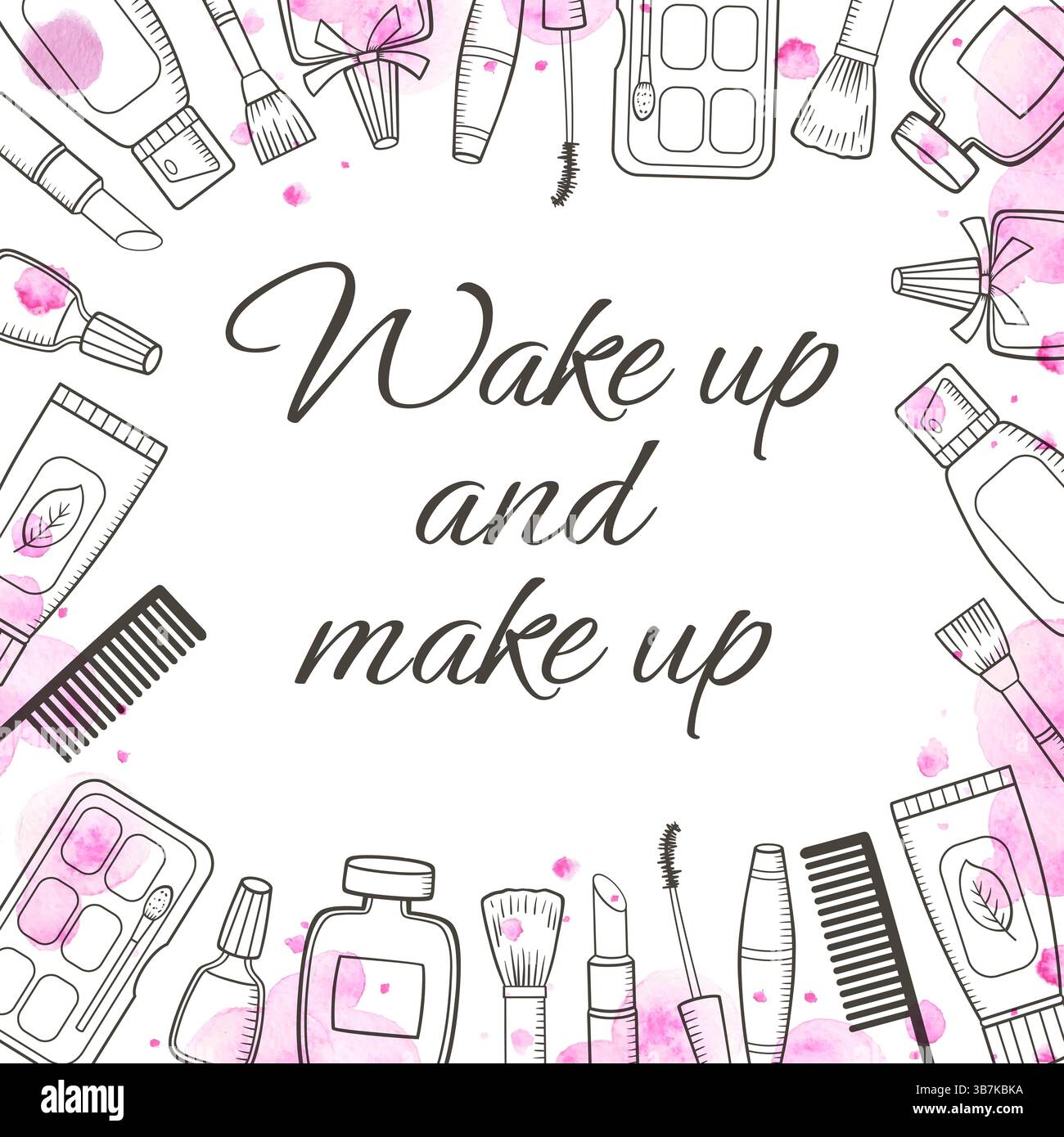 Hand drawn make up and cosmetics doodle banner. Cosmetics on a pink ...