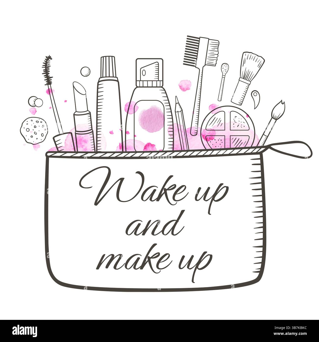 Hand drawn make up and cosmetics doodle banner. Cosmetics in a bag on a ...