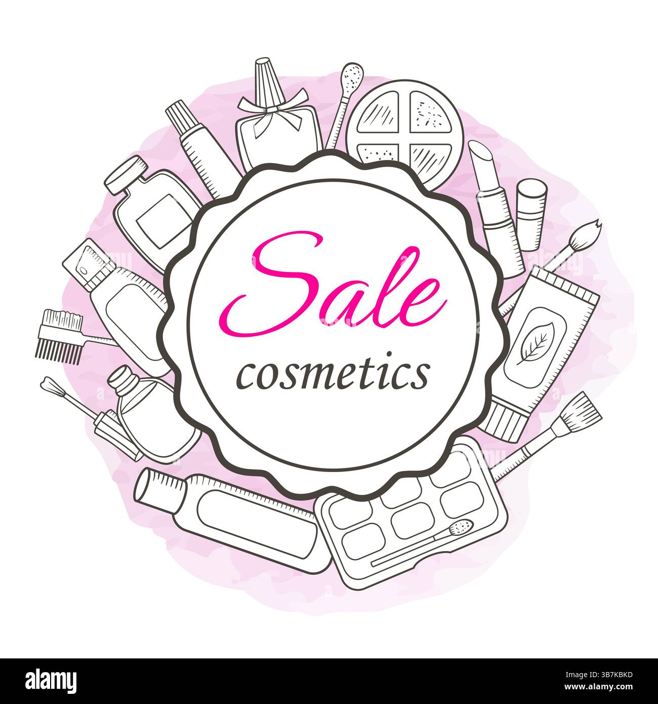 Hand drawn make up and cosmetics doodle round banner. Cosmetics on a ...