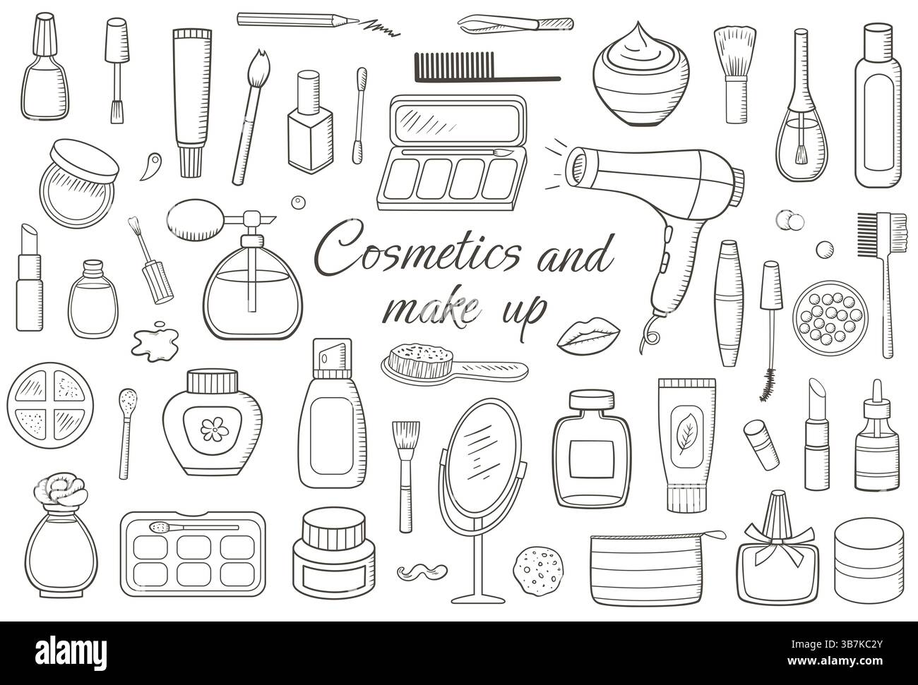 Hand drawn make up and cosmetics doodles. Vector illustration Stock ...