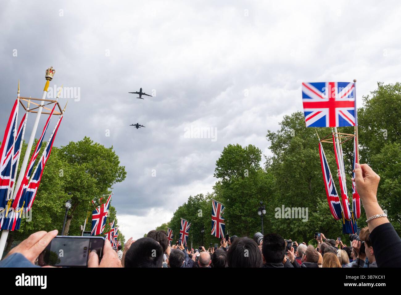 VE Day 80th anniversary RAF flypast over The Mall, London, UK. Airbus ...