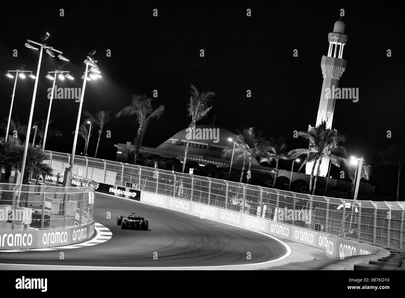 March 9, 2024, Jeddah, Makkah Province, Kingdom of Saudi Arabia: F1 cars race past the Al Rahmah ...