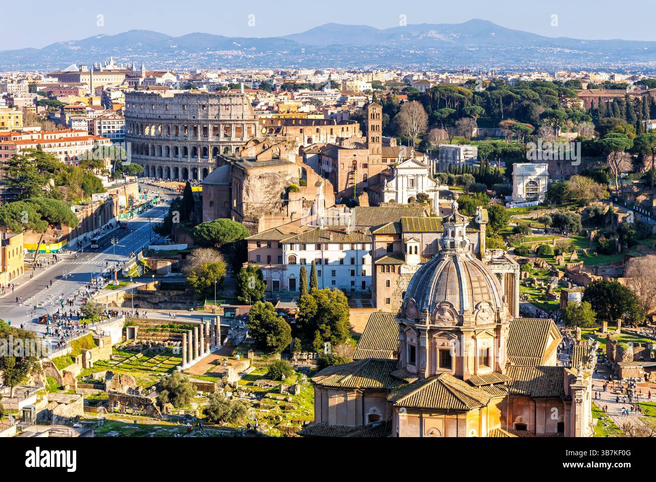 Rome skyline Roman Forum and Colosseum aerial view ancient town ...