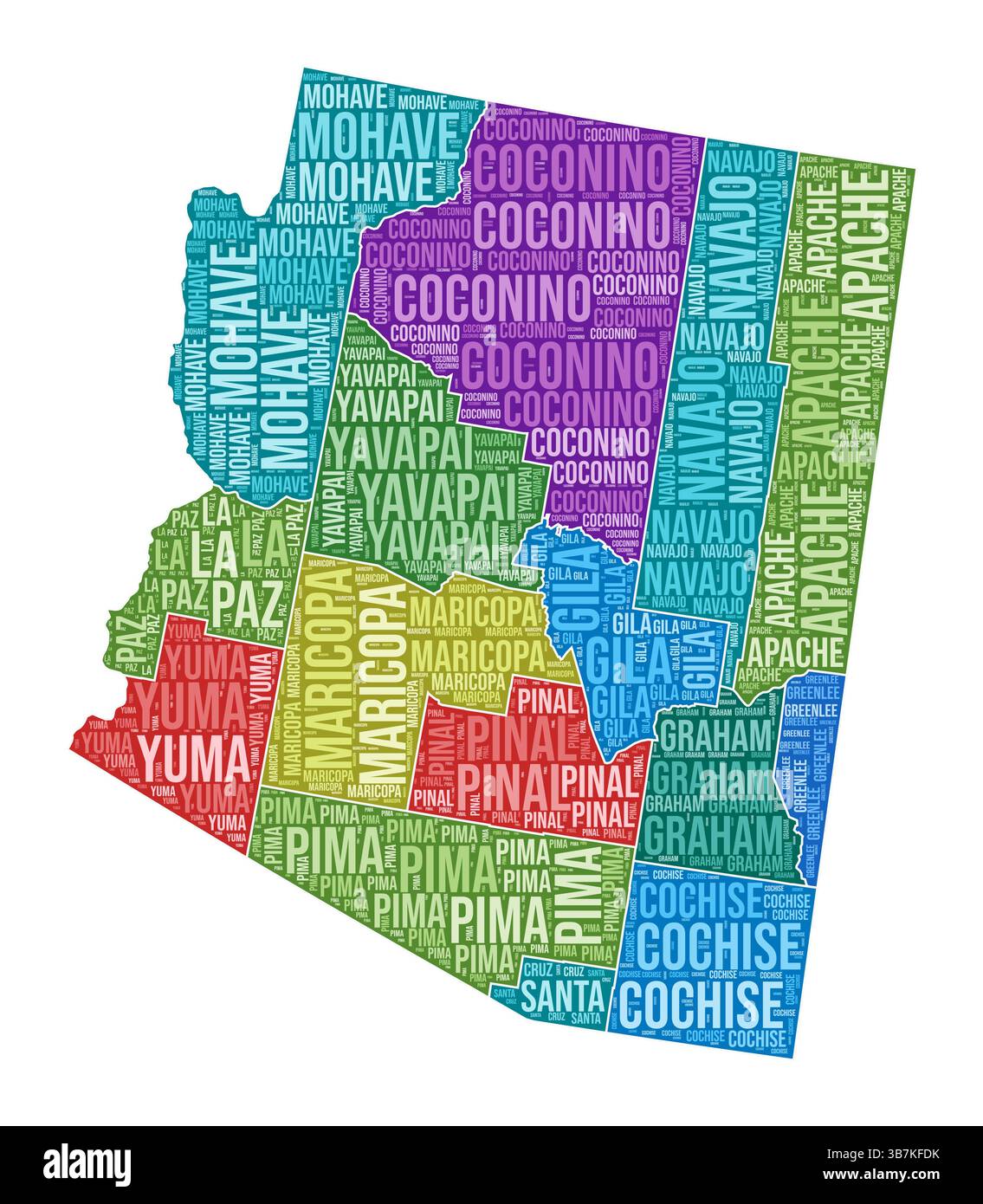 Arizona shape. State word cloud with county division. Arizona colored ...