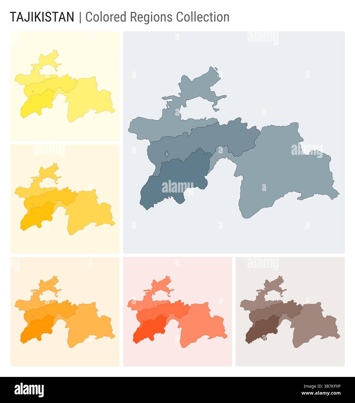 Tajikistan map collection. Country shape with colored regions. Blue ...
