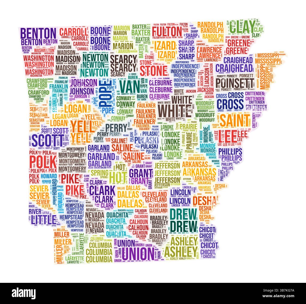 Arkansas county word cloud. State shape design. Arkansas colored ...