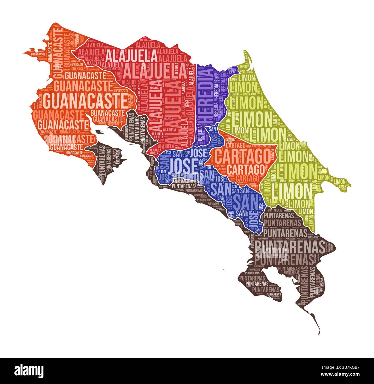 Costa Rica shape. Country word cloud with region division. Costa Rica ...