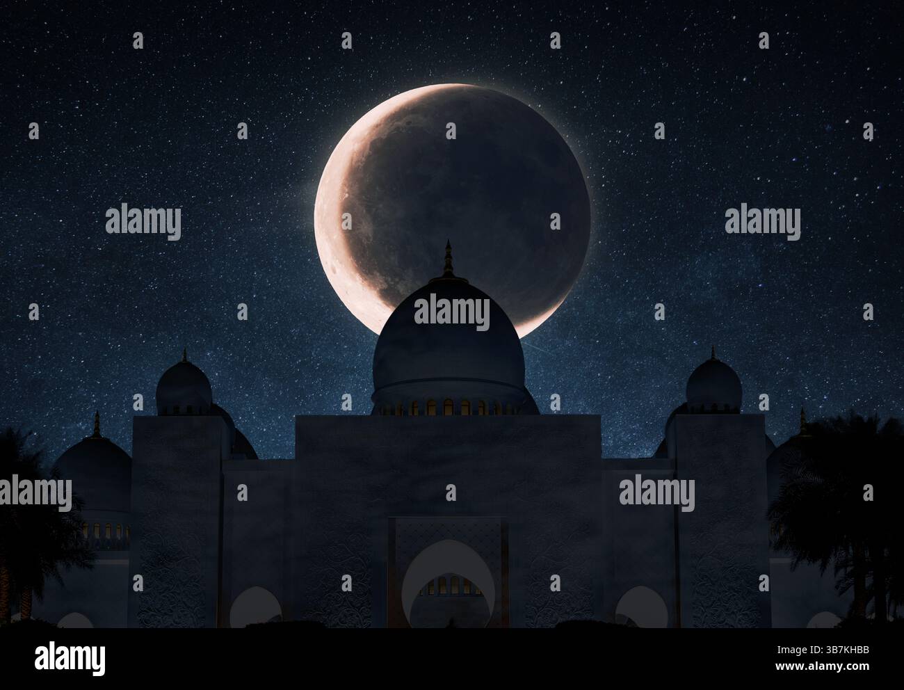 Happy Ramadan Kareem Background Design With Silhouette Mosque And ...