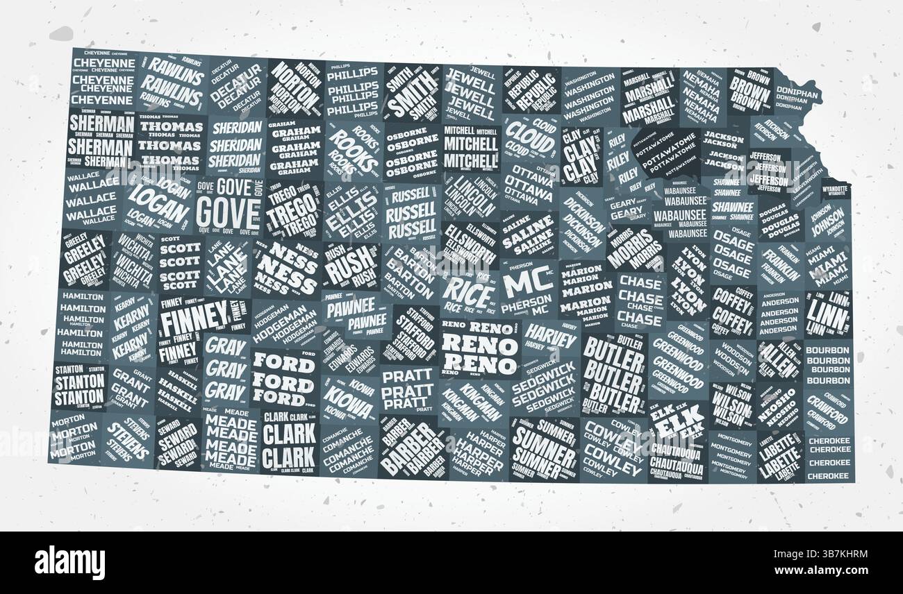Kansas counties word clouds. State shape on textured background. Kansas ...