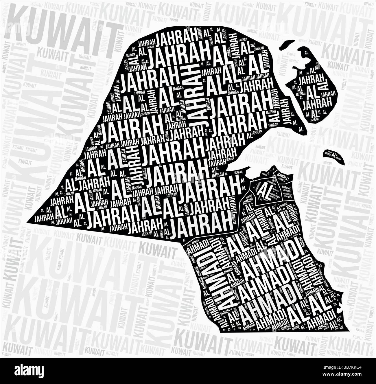 Kuwait regions map word cloud. Kuwait region names. Black and white map ...