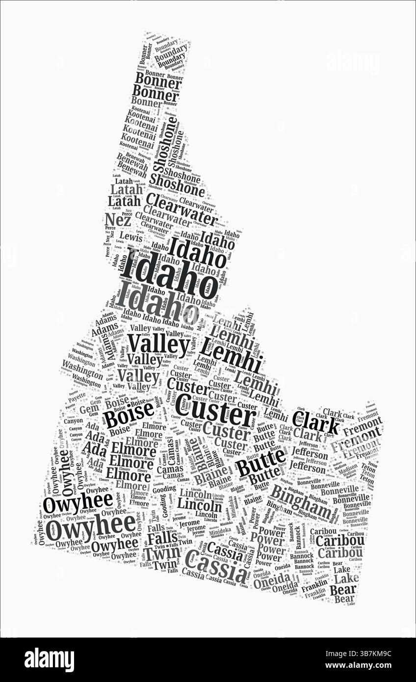 Idaho Text Style Counties. State region names word clouds in the ...